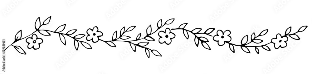 Simple black outline vector drawing. Long flower garland, twigs with ...