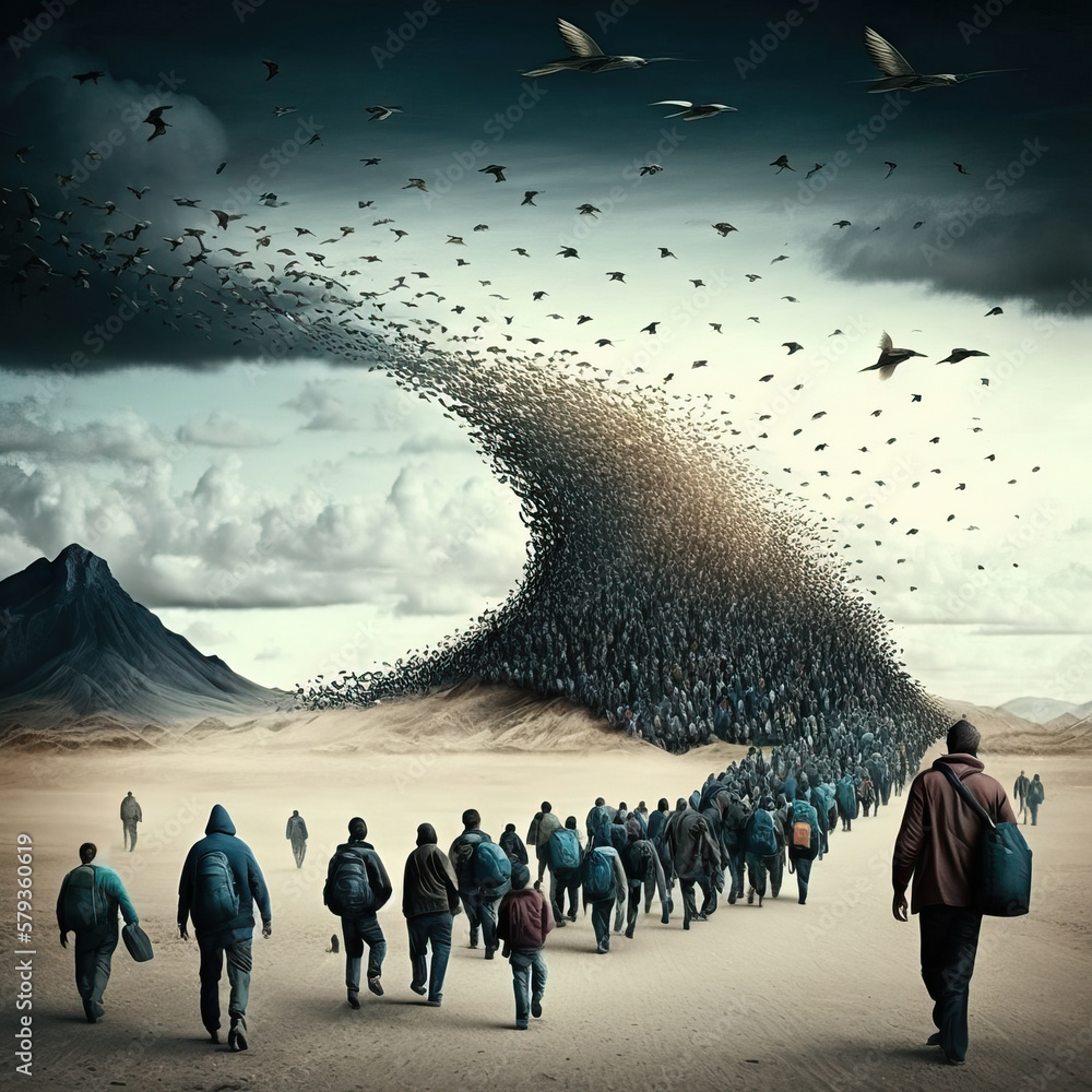 mass illegal immigration. crowd of refugee and migrant escaping and ...