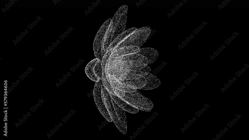 3D lotus flower rotates on black bg. Object dissolved white flickering ...