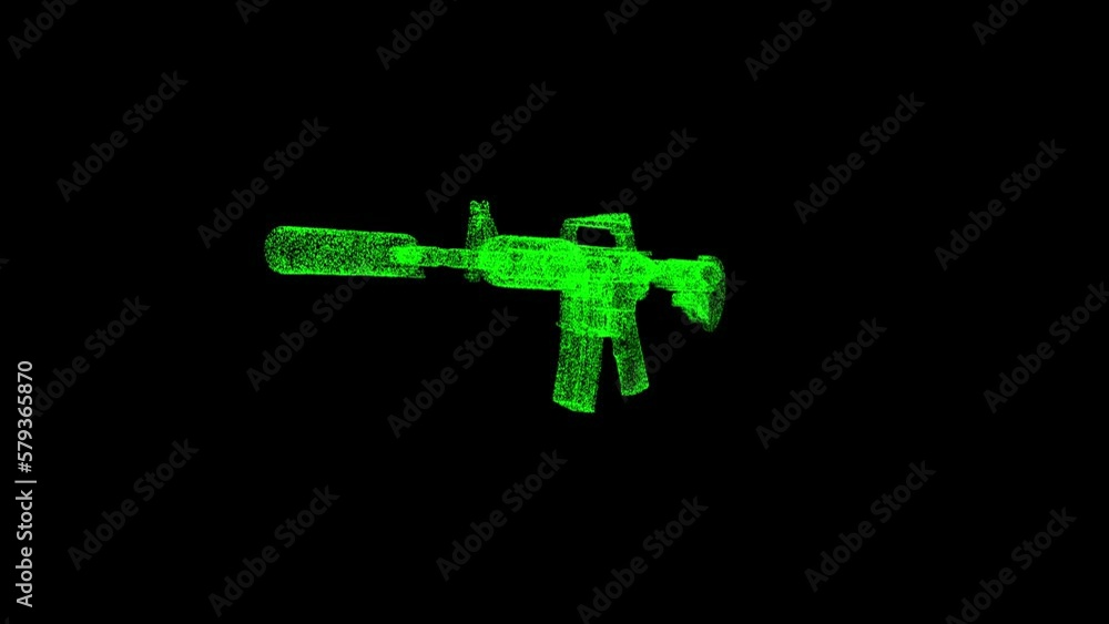 3D automatic rifle rotates on black bg. Object dissolved green ...