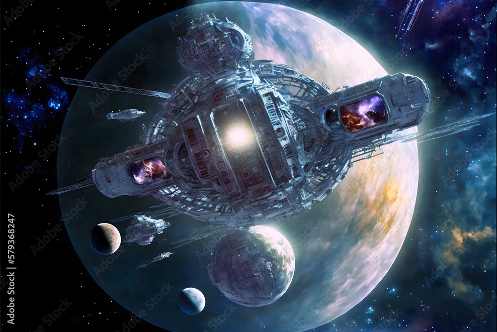 fantasy retrofuture Enormous space station in deep orbit around a ...