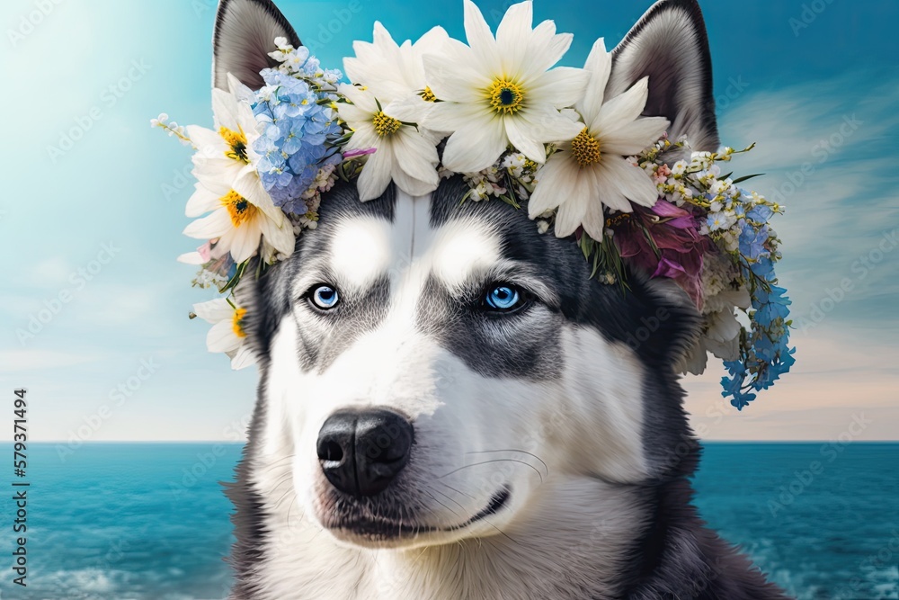 Floral crowned dog image in close up, set on a blue sea background ...