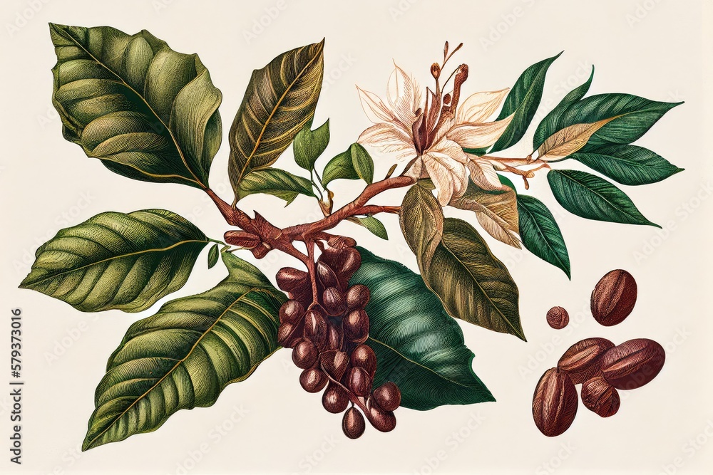 Coffee Plant Botanical Illustration, Coffee Branch with Fruits and ...
