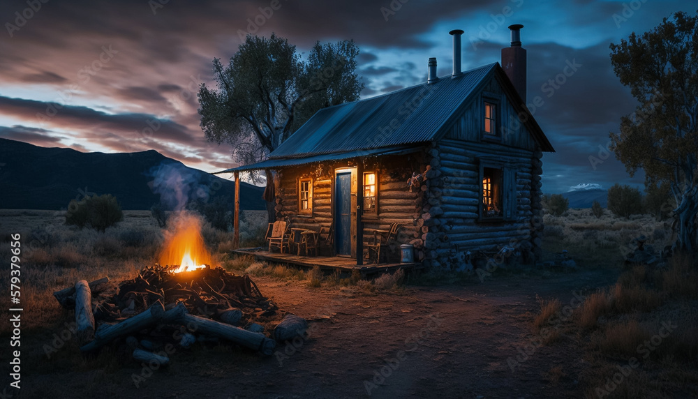 Late night bonfire in front of a hut in a forest, generative ai Stock ...