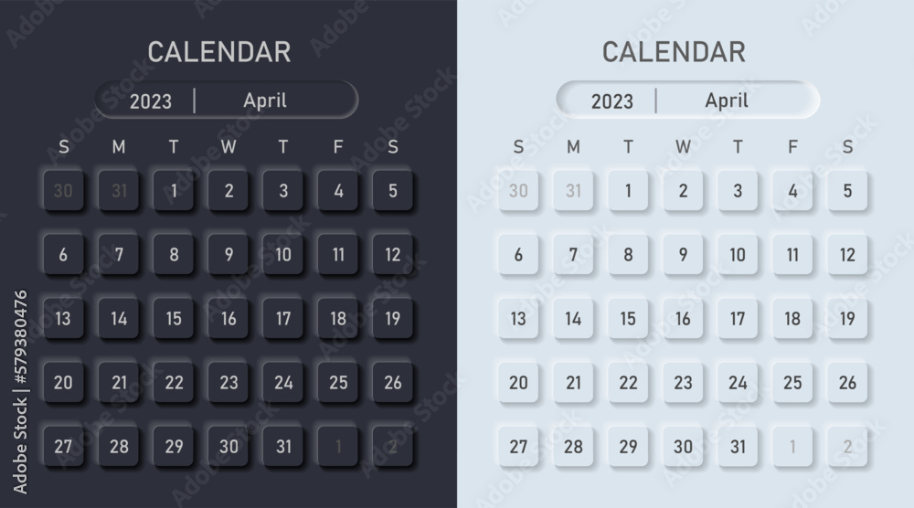 Neumorphism UI elements CALENDAR buttons, dark and light modes, white ...