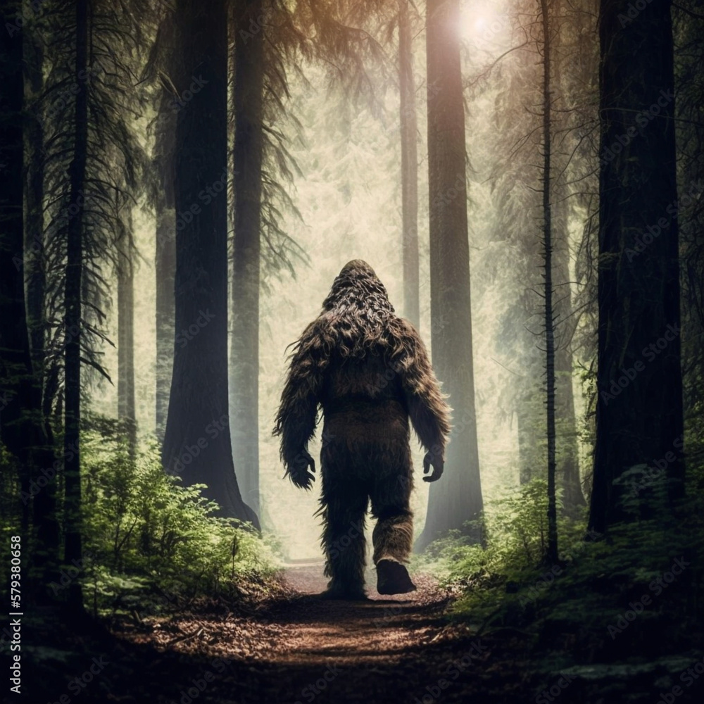Bigfoot or sasquatch in the forest, mysterious furry creature walking in the woodlands, tall ...