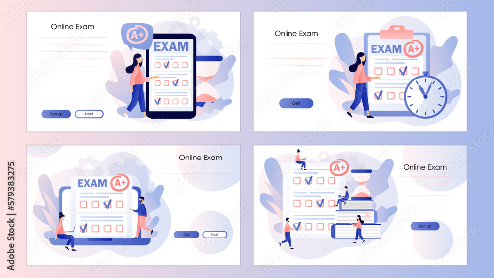 Online exam. Students with test exam result. Education, studying ...