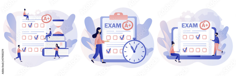 Online exam. Tiny students with test exam result. Education, studying ...