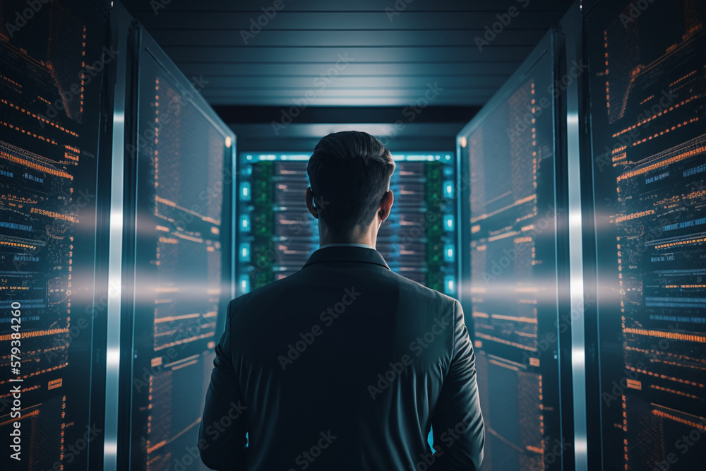 Data center and computer servers with information background, man view ...