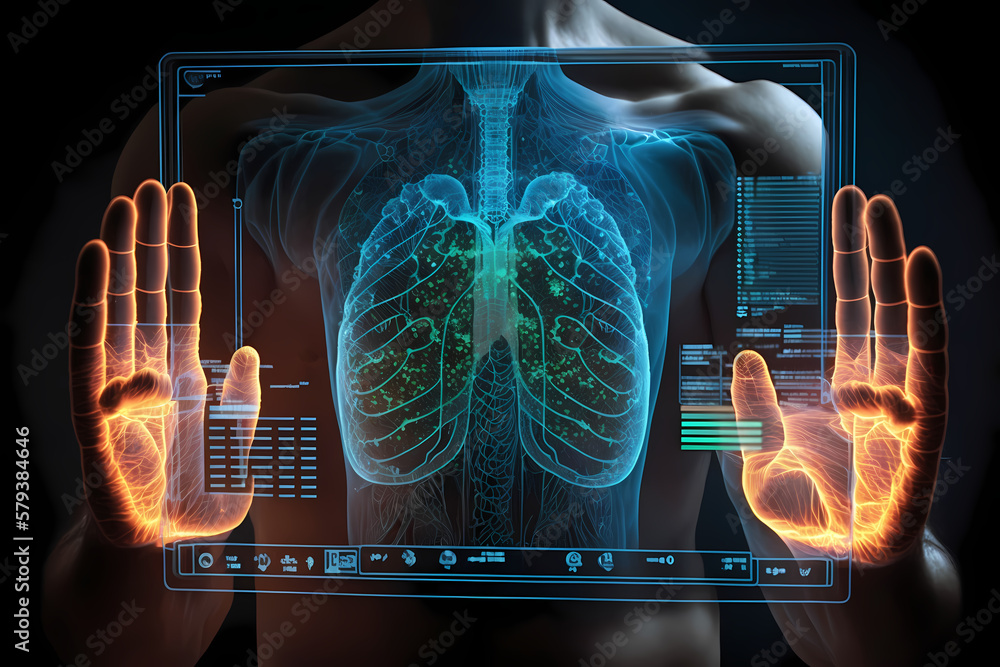 Man hands holding a digital screen with the projection of a human body ...