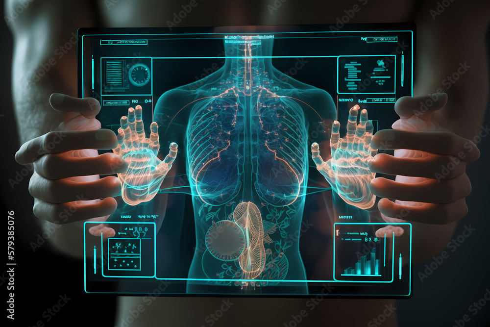 Man hands holding a digital screen with the projection of a human body ...