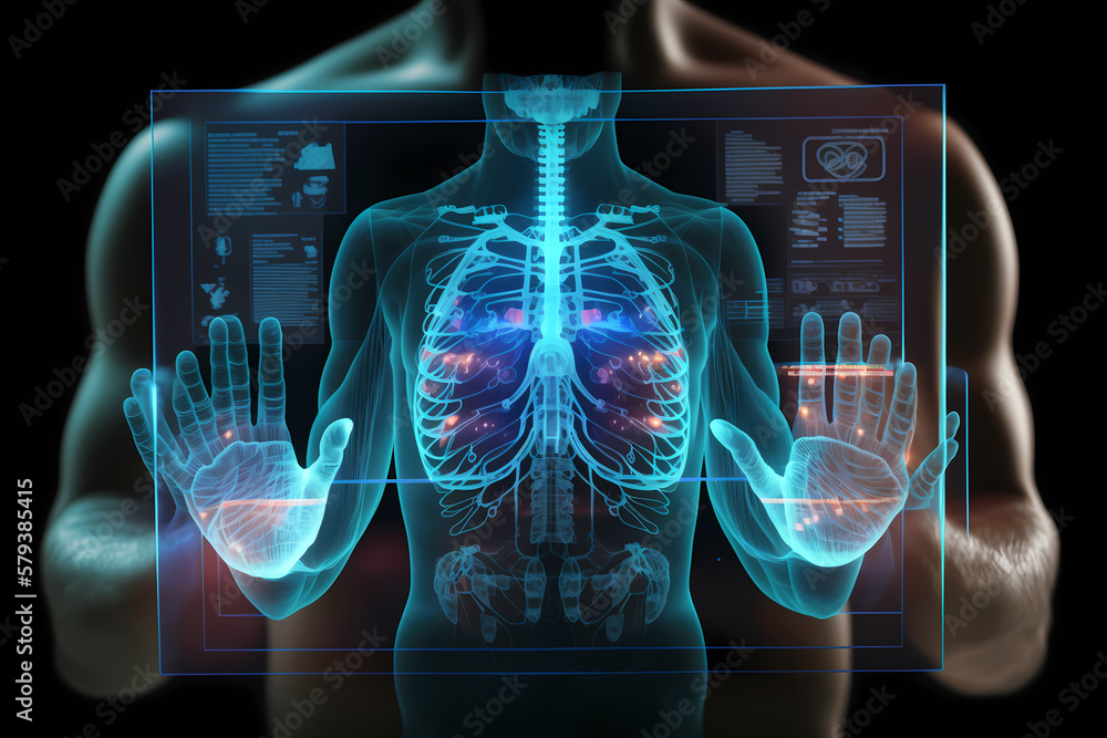 Man hands holding a digital screen with the projection of a human body ...