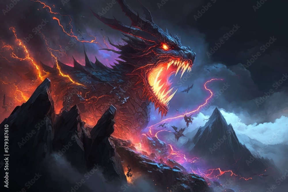 The dragon rises atop the mountain with a mighty roar, sending a stream ...