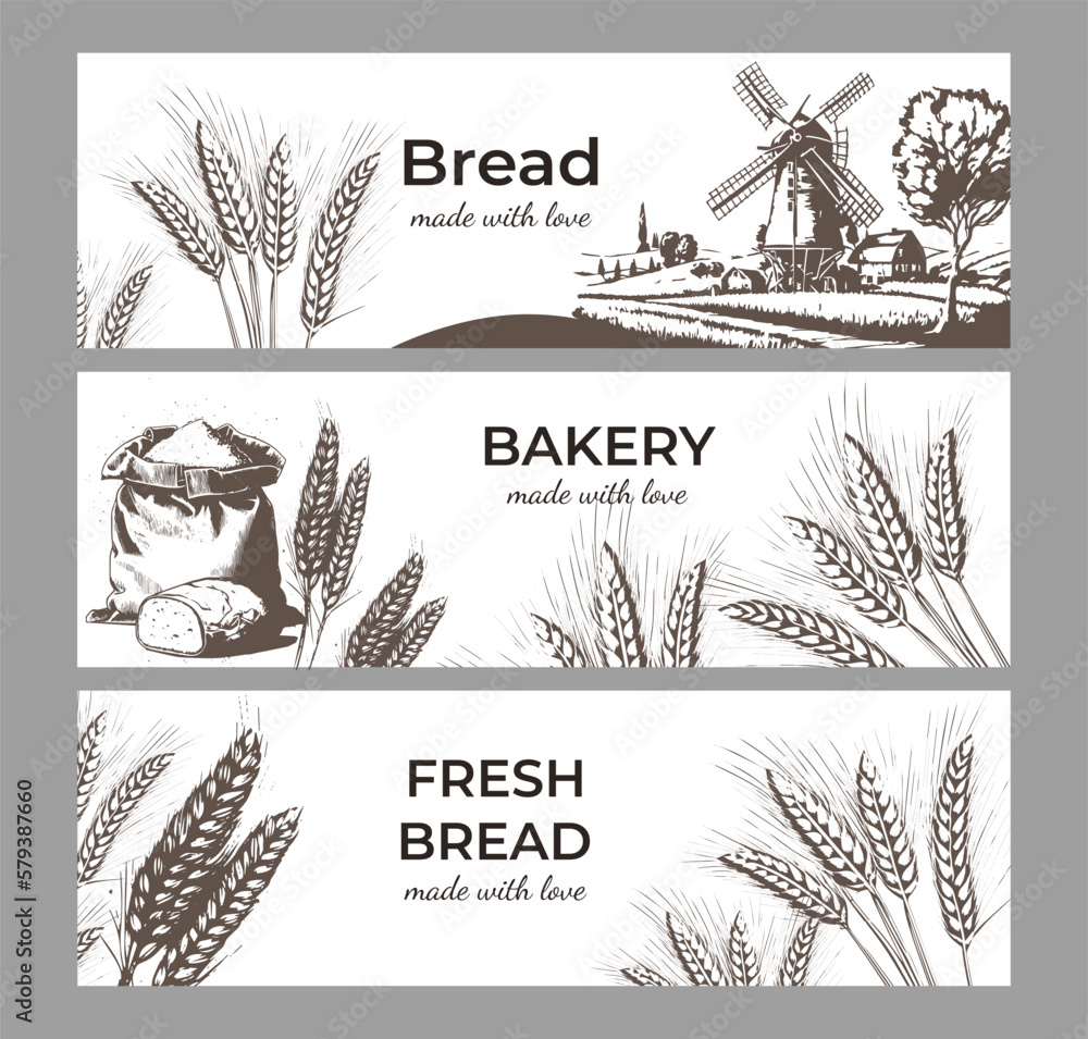 Vector vintage drawing of bread and pastries. Design for banner, flyer ...