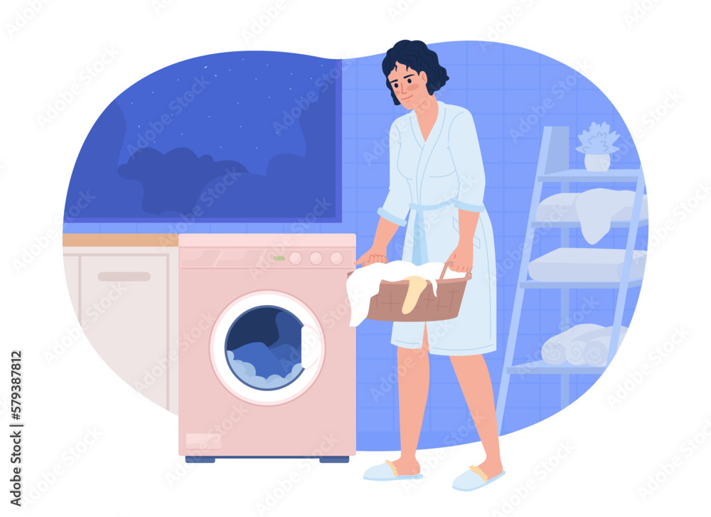 Washing clothes at night 2D vector isolated spot illustration. Woman ...