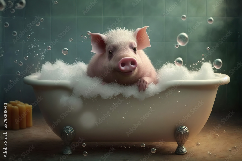 Pig taking a bath in a bathtub with foam, concept of Cute animals and Personal hygiene, created ...