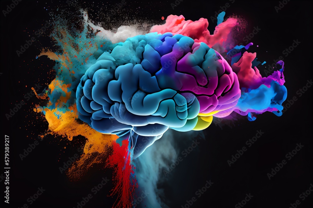 A genius human brain abstract color powder explosion art with 3D ...