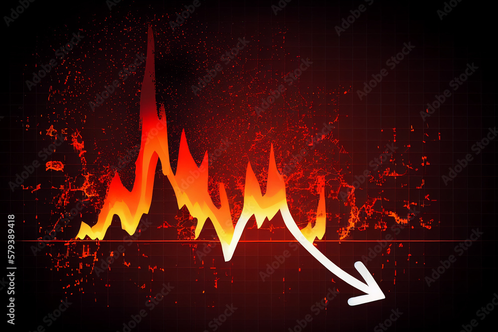 financial market graph chart going down trend Red arrow down with fire ...