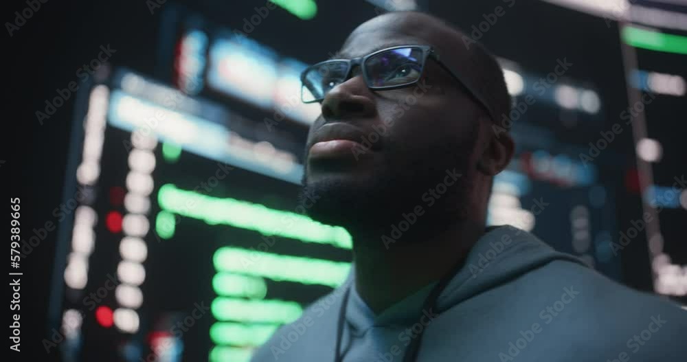 Portrait of Young Black Man Looking at Big Digital Screens Glitching ...
