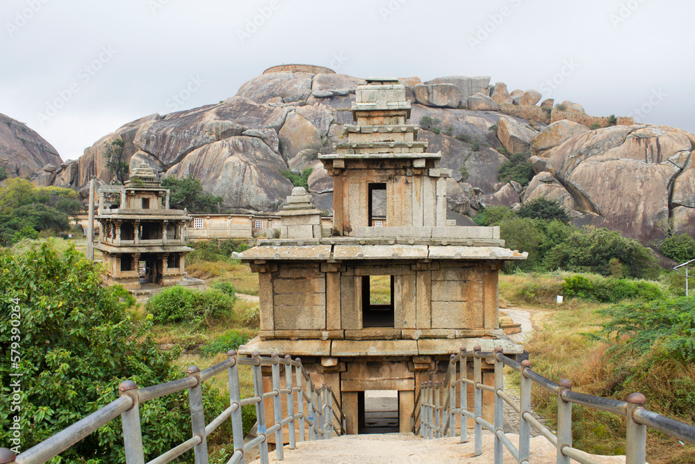 Chitradurga Fort is a fortification that straddles several hills and a peak overlooking a flat ...