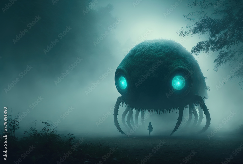 Scary alien monster in the misty night forest. The creepy silhouette of ...