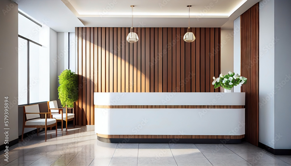 Reception counter lobby area interior design in white and wood style ...