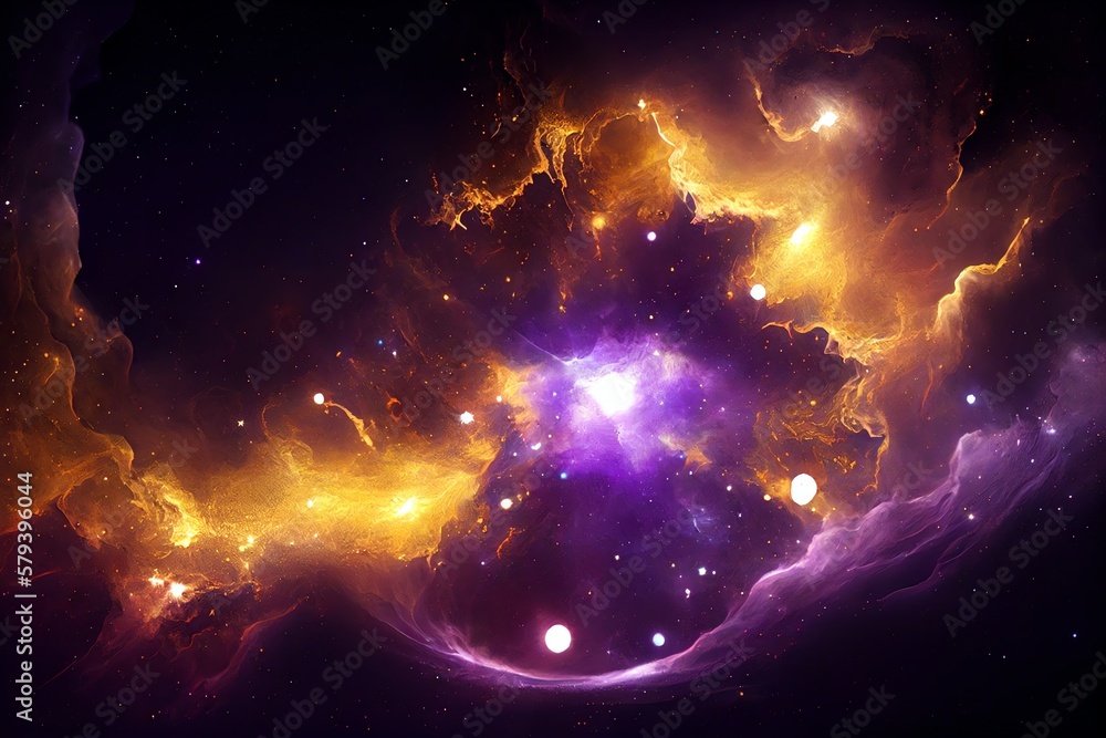 Purple and gold nebula with stars. Fantasy galaxy background ...