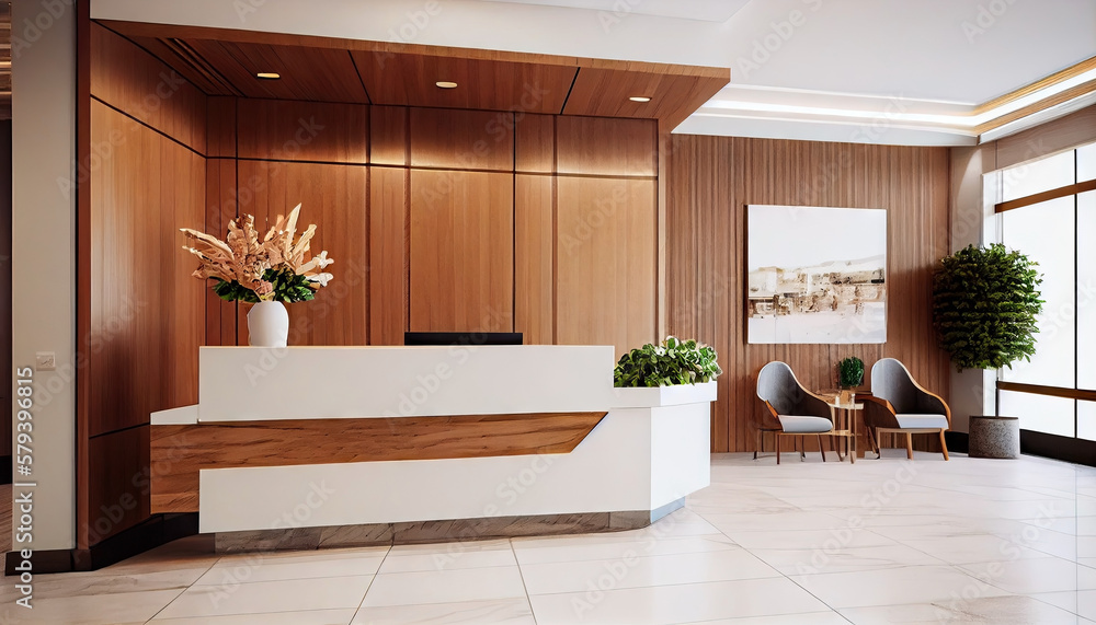 Reception counter lobby area interior design in white and wood style ...