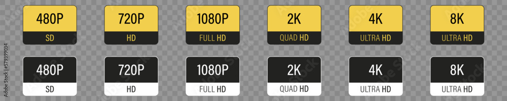 Screen display resolution. 480p sd, 720p hd , 1080p fhd, 2k quad hd, 4K ...