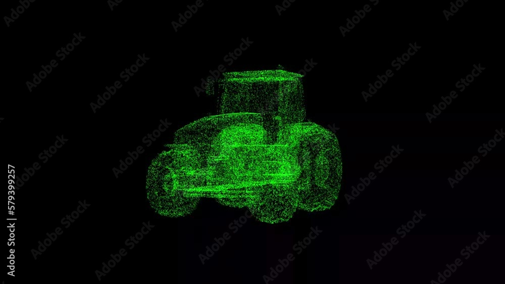 3d Tractor Rotates On Black Bg Object Dissolved Green Flickering Particles 60 Fps Business