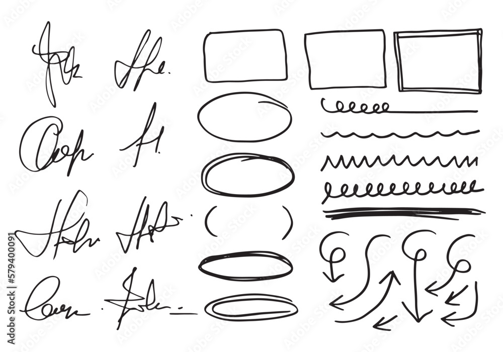 Doodle vector lines and curves.Hand drawn check and arrows signs. Stock ...
