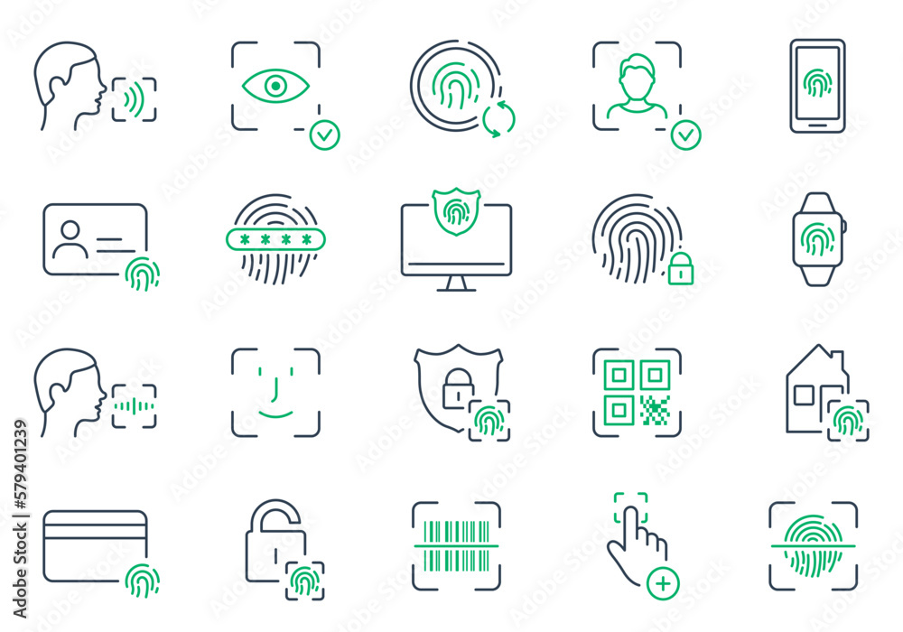 Biometric Identification Line Icon Set. Face ID, Touch ID Color ...