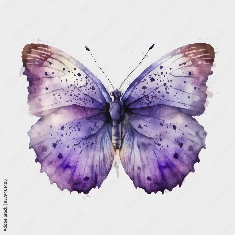 ภาพประกอบสต็อก Beautiful purple butterfly, top view. Watercolor ...