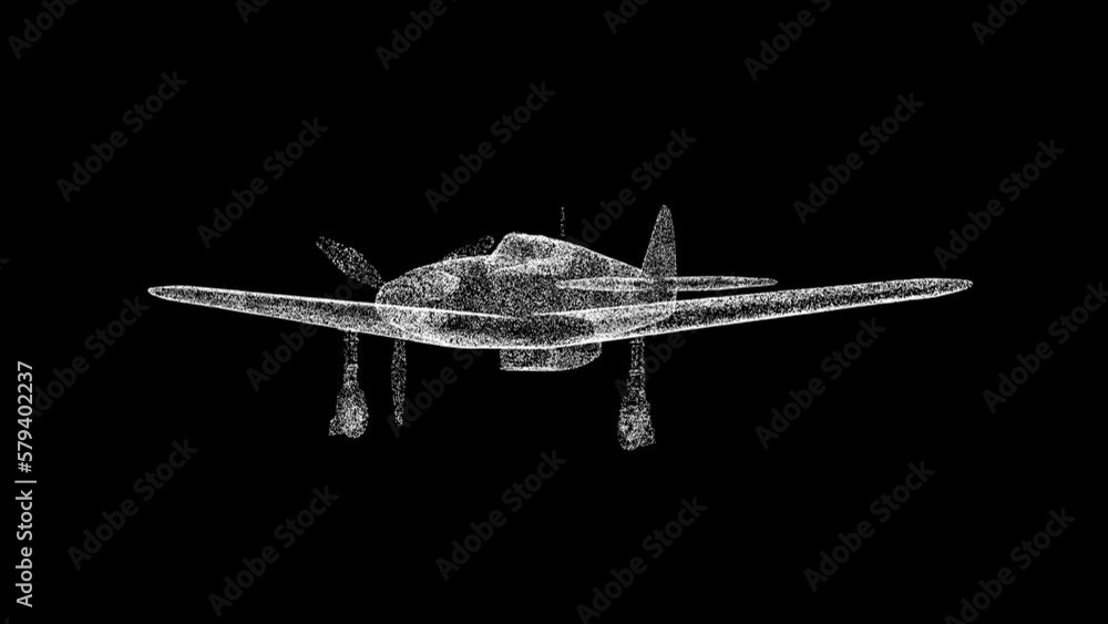 3D propeller-driven aircraft plane rotates on black bg. Object ...