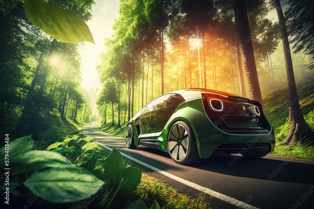 EV (Electric Vehicle) electric car is driving on a winding road that ...