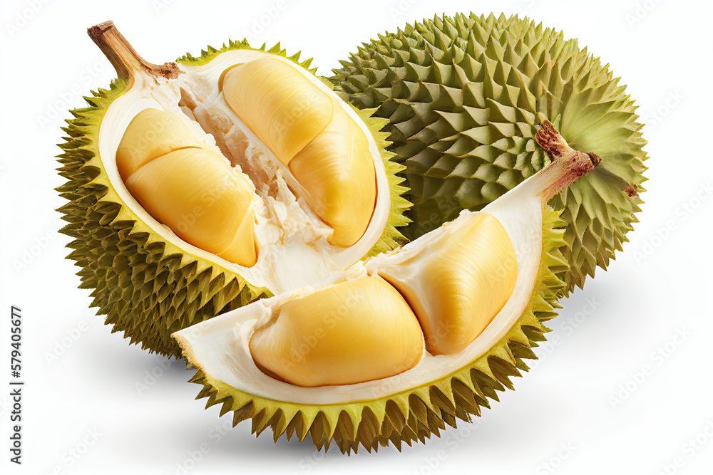 Close-up view of durian fruit isolated on white background. Created ...