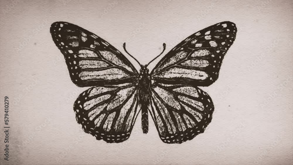 Retro Butterfly Drawing Ink Reveal/ 4k motion graphics of sketched ...