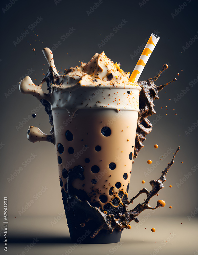 Bubble tea and milk with bright splashes. The drinking water is ...