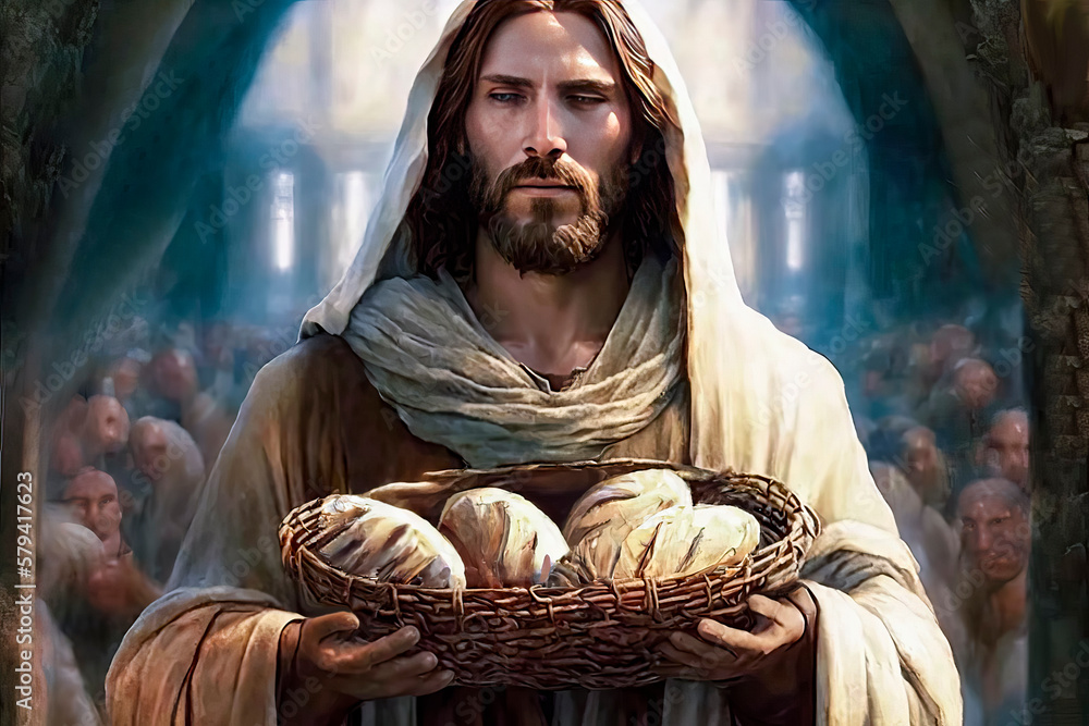 ภาพประกอบสต็อก Symbolic painting of Jesus holding basket of bread with a crowd behind Him, I am ...