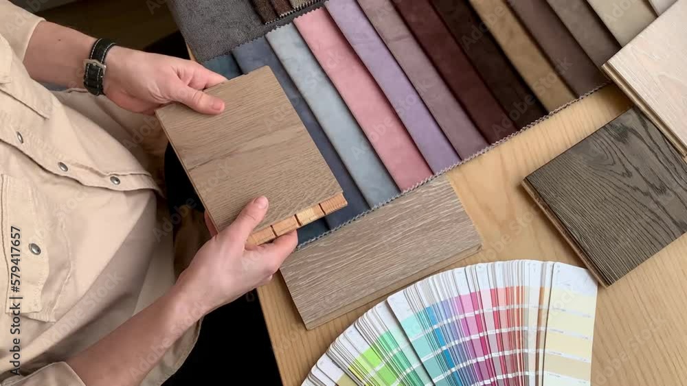 Top view: interior designer chooses finishes for a house, examines ...