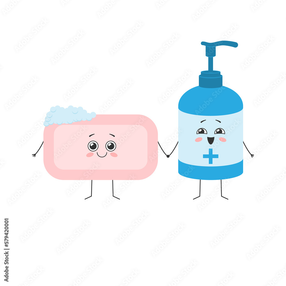 Cute characters soap and sanitizer hold hands. Hand hygiene concept ...