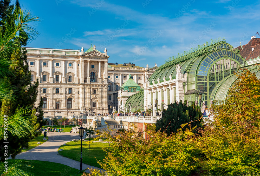 Burggarten park with Butterfly house and Hofburg palace, Vienna ...