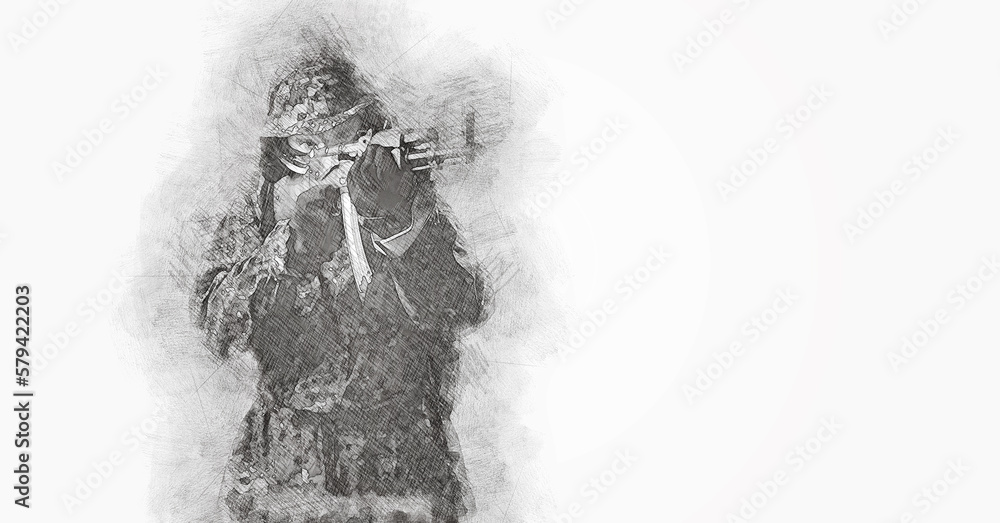 An armed soldier in military uniform aims with a rifle. One, pencil ...