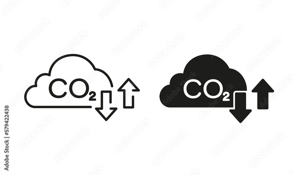 Carbon Dioxide Pollution in Air Line and Silhouette Icon Set. Reduction ...