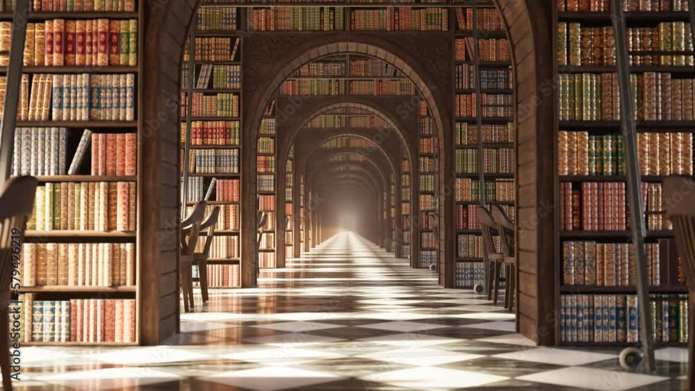 Beautiful looping vintage library with countless historic books on ...