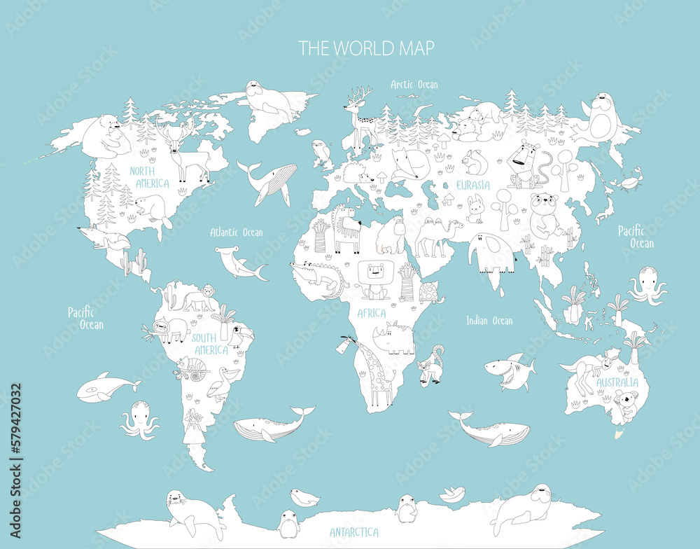 Print. Coloring world map with animals. Coloring book for children ...
