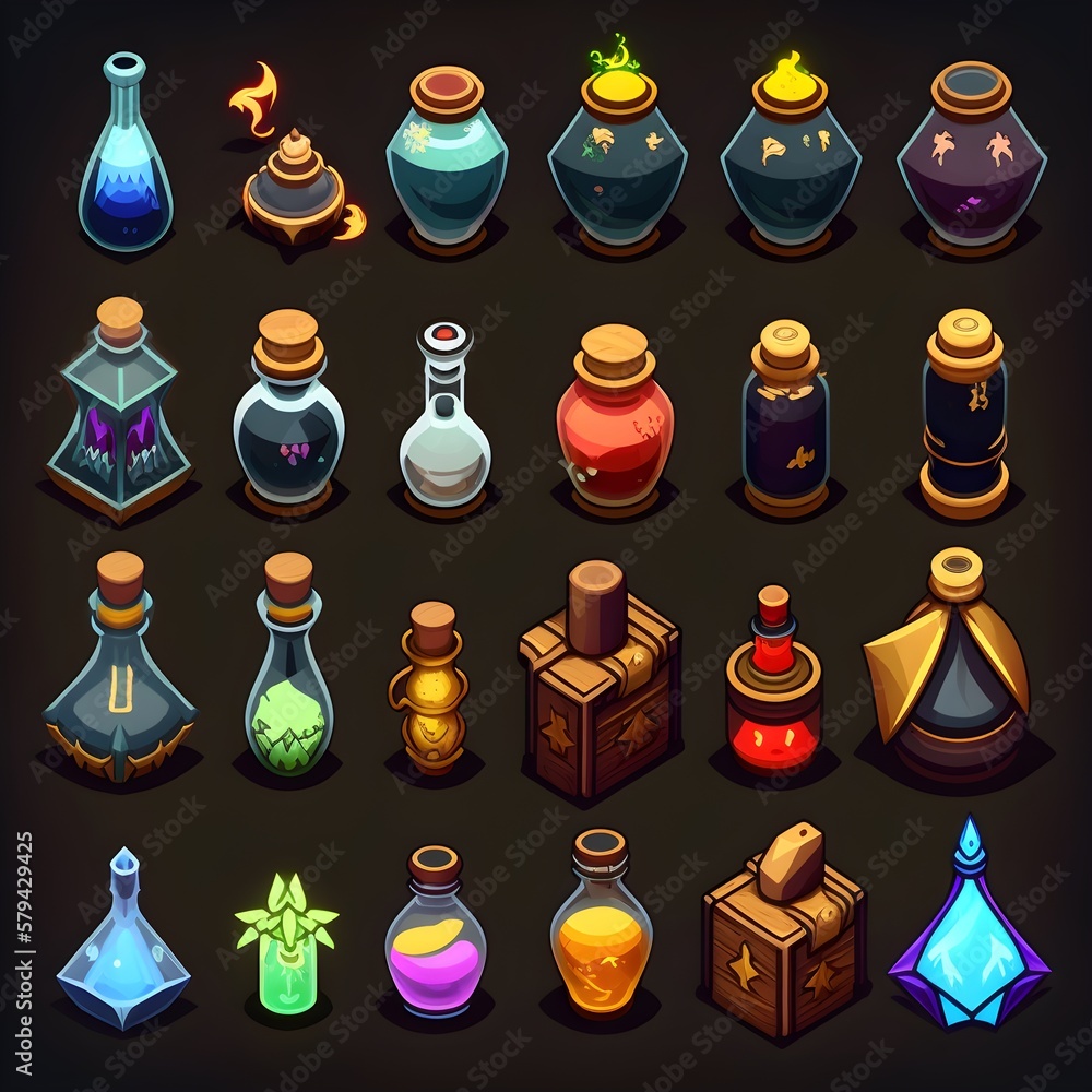 Set of RPG game icons, sprite sheet of magic potions, generative ai, 2d ...