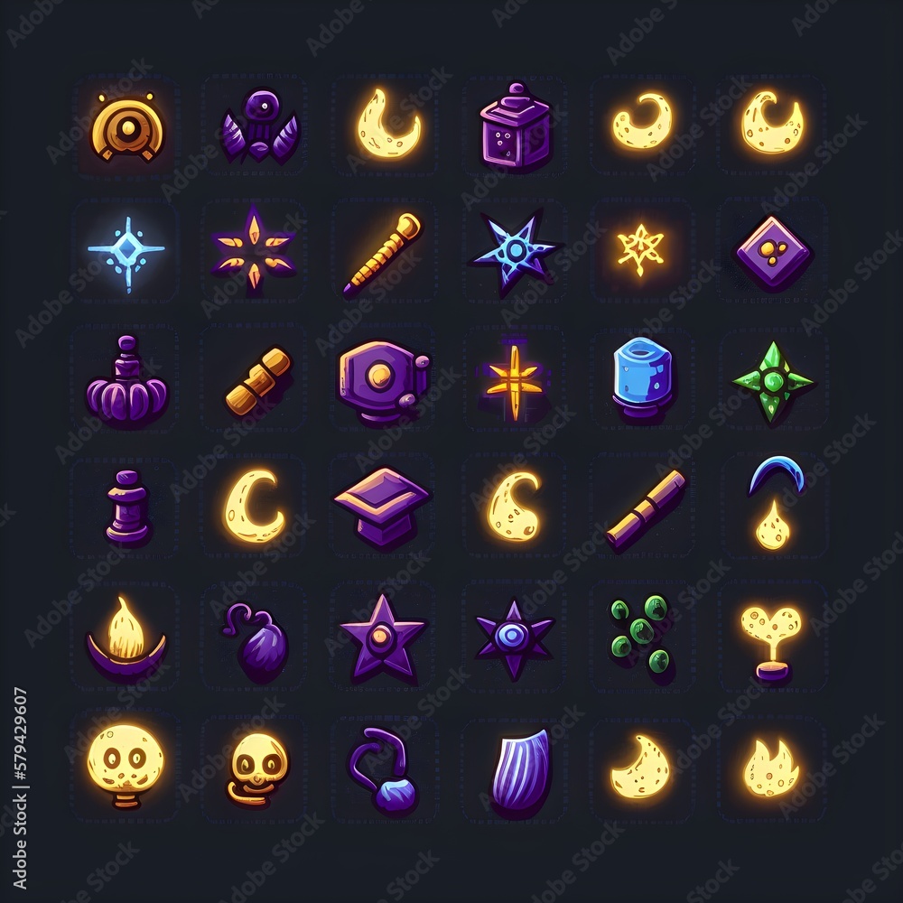 Set of game icons, square magic spell sprite icons texture, generative ...
