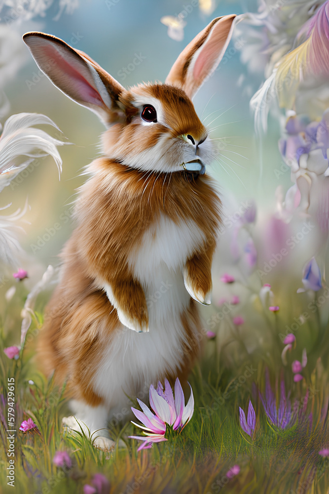 Rabbit Standing Up in the Grass Generative AI Art Stock Illustration ...