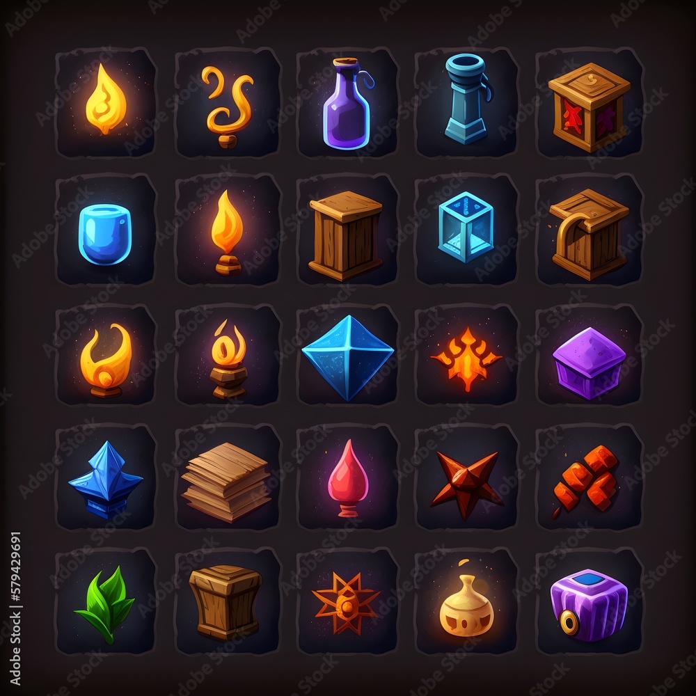 Set of game icons, square magic spell sprite icons texture, generative ...